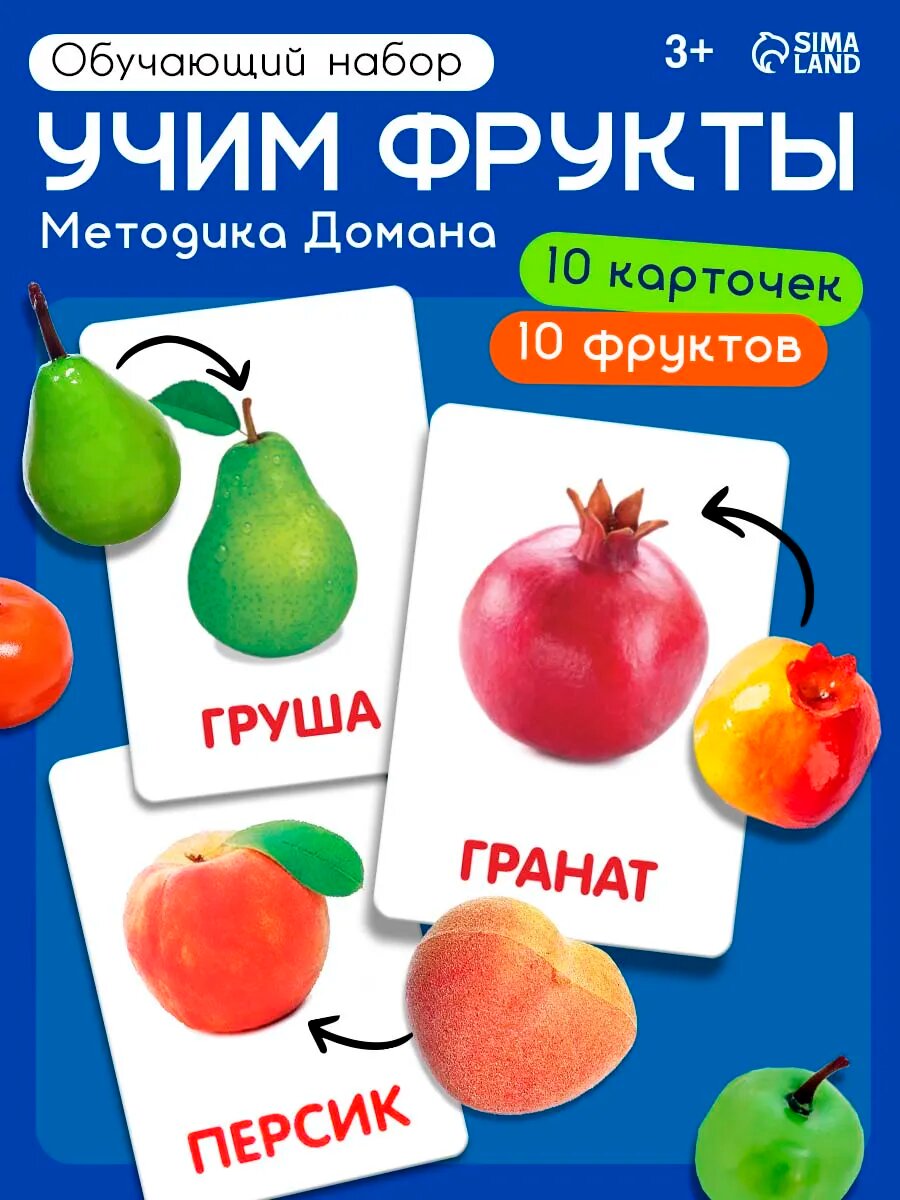 Обучающий набор по методике Г. Домана «Фрукты»: 10 карточек + 10 фруктов, счётный материал, микс