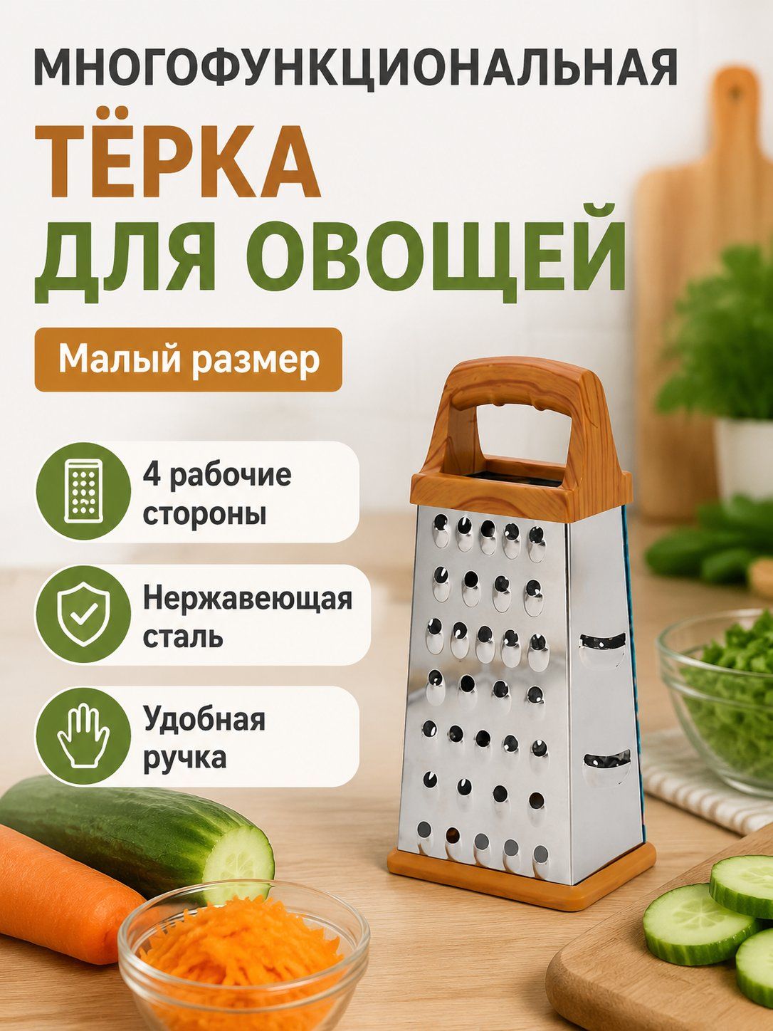 Терка для овощей четырехсторонняя 8 дюймов с деревянной ручкой, из нержавеющей стали