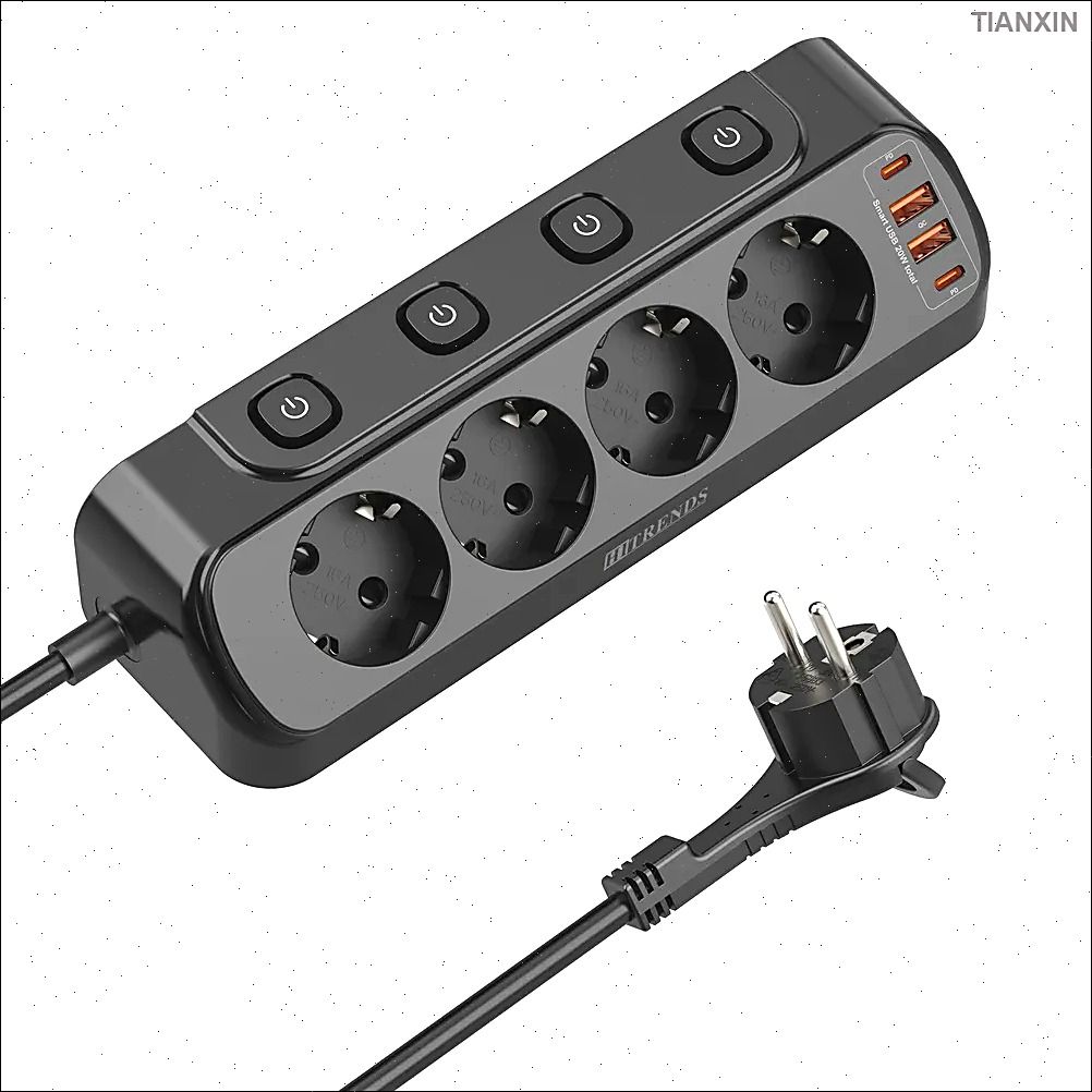Удлинитель с 4 розетками и 2 USB + 2 Type-C (быстрая зарядка), выключатели, защита от перегрузки, 4000W 16A 250V, огнестойкий, кабель 2 м с петлей