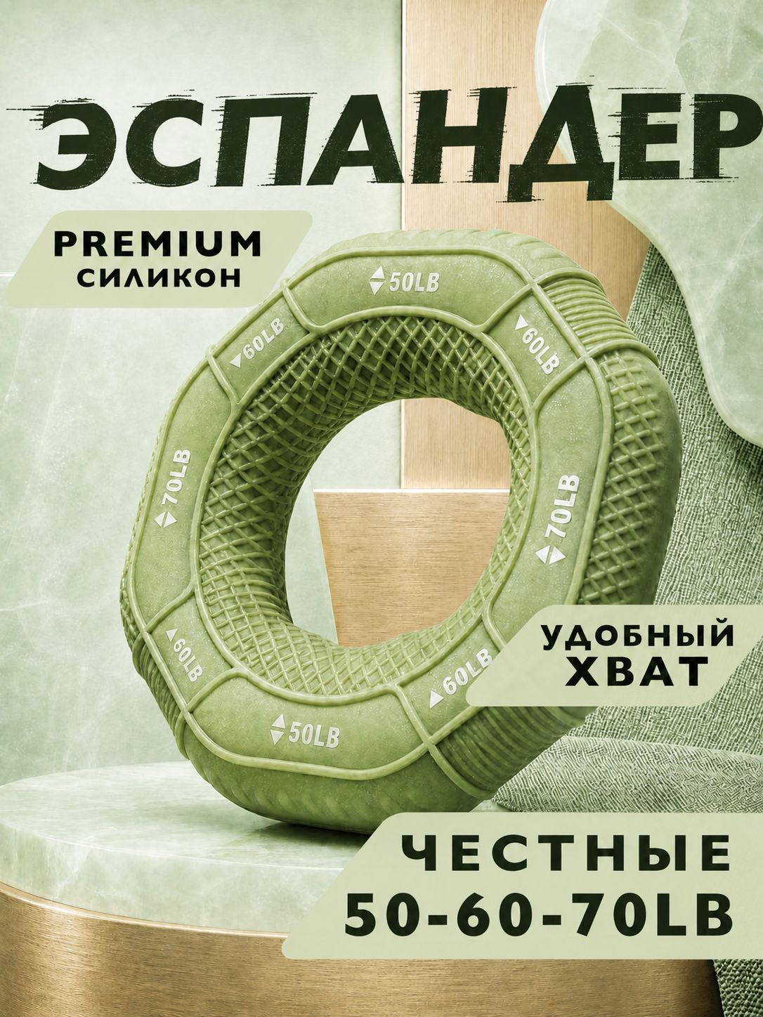 Эспандер кистевой кольцо, тренажёр для рук и пальцев,50-60-70 фунтов, зелёный