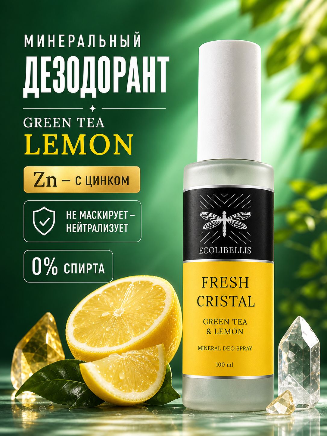 Дезодорант женский, мужской минеральный ECOLIBELLIS Лимон, натуральный