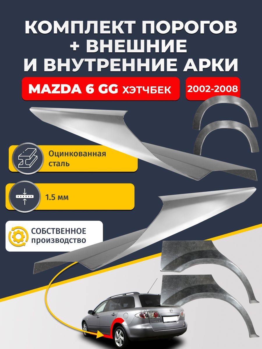 Комплект ремонтных задних внешних и внутренних арок (0,8 мм) + комплект стандартных ремонтных порогов , на Mazda 6 GG 2002-2008 хэтчбек 5 дв (Мазда 6 ГГ) Оцинкованная сталь 1.5 мм
