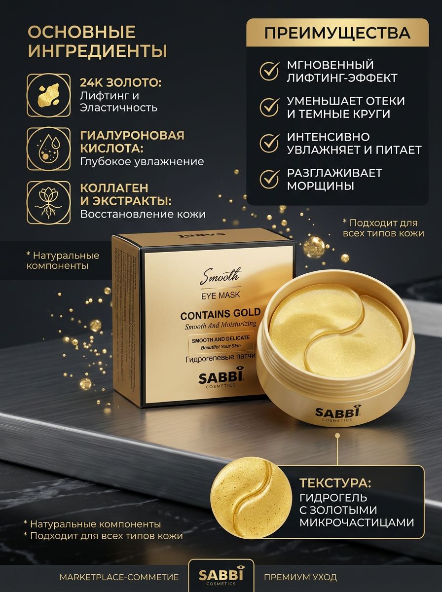 Патчи для глаз гидрогелевые от отеков и морщин, для свежего взгляда, антивозрастные, 60 шт/SABBI