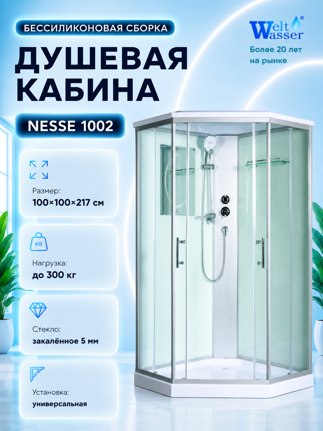 Душевая кабина WeltWasser NESSE 1002 с крышей, размер: 100х100х217 см, низкий поддон 16 см