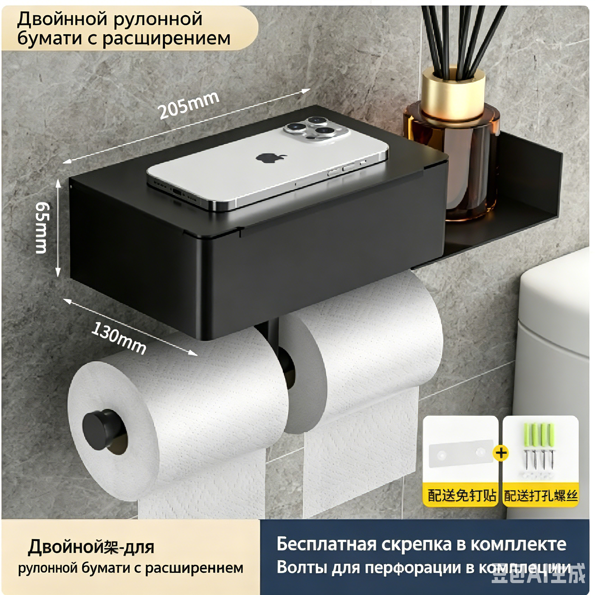 Держатель для туалетной бумаги с полочкой и ящиком для влажных салфеток черный муар