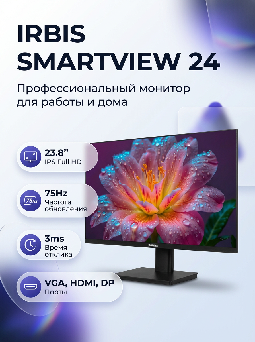 23.8' IRBIS SMARTVIEW 24 черный (1920x1080, 75Hz, IPS, 250 cd/m2, 1000:1, 3ms, VGA, HDMI, DP)