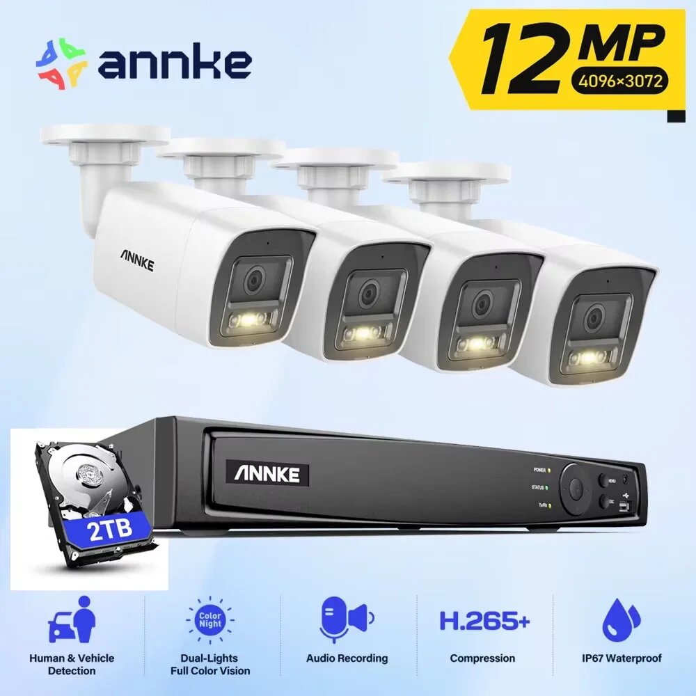 Система видеонаблюдения ANNKE 12MP POE 8-канальный NVR Камеры безопасности 12MP Комплект видеонаблюдения CCTV Запись аудио IP-камера Цветное/ИК-видеонаблюдение ночью