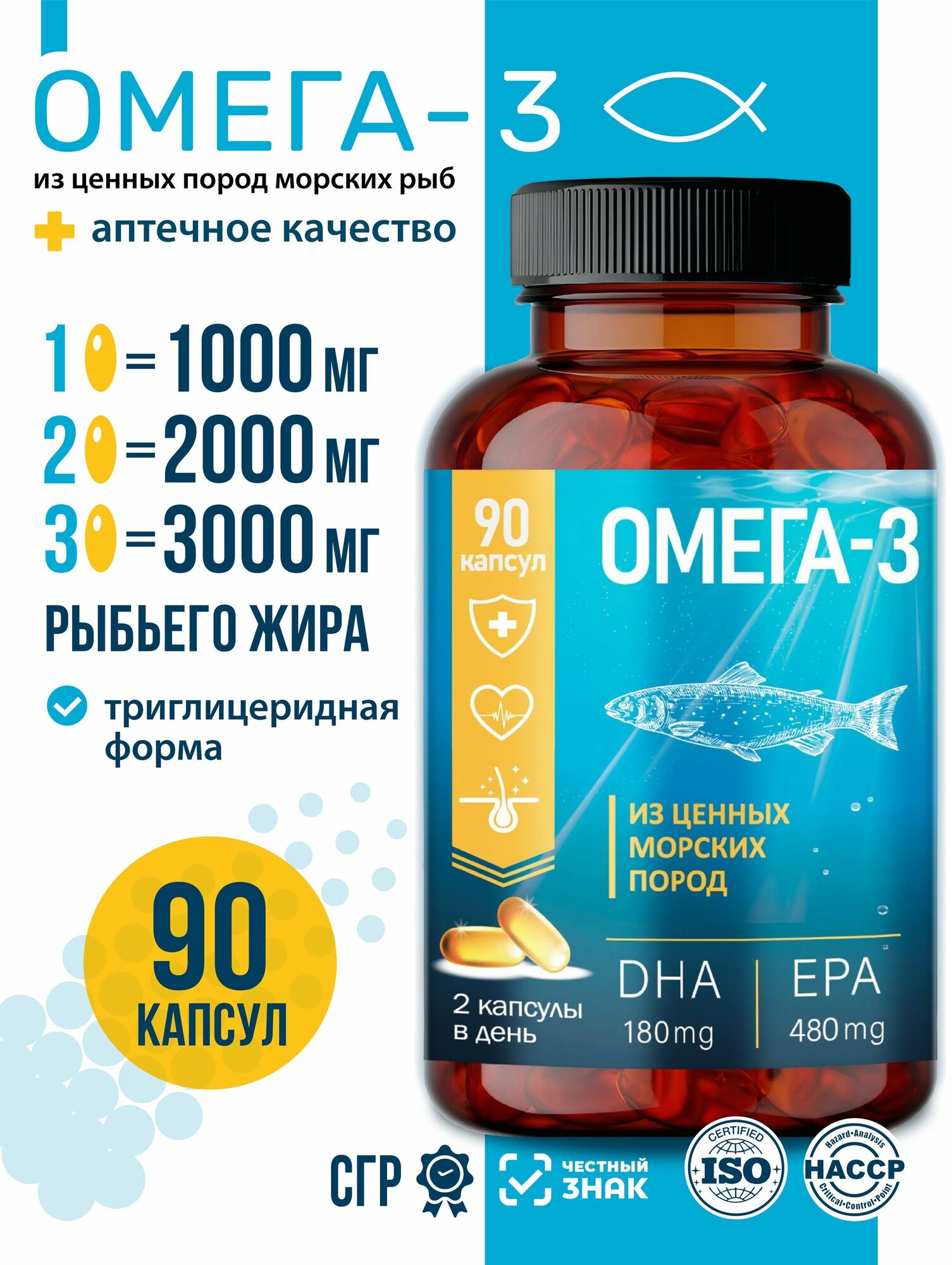 Омега 3 90 капcул 1350 мг EPA & DHA & ALA Миофарм. Витамины для мужчин и женщин Omega 3 + витамин Е, рыбий жир, витамины для сердца и сосудов