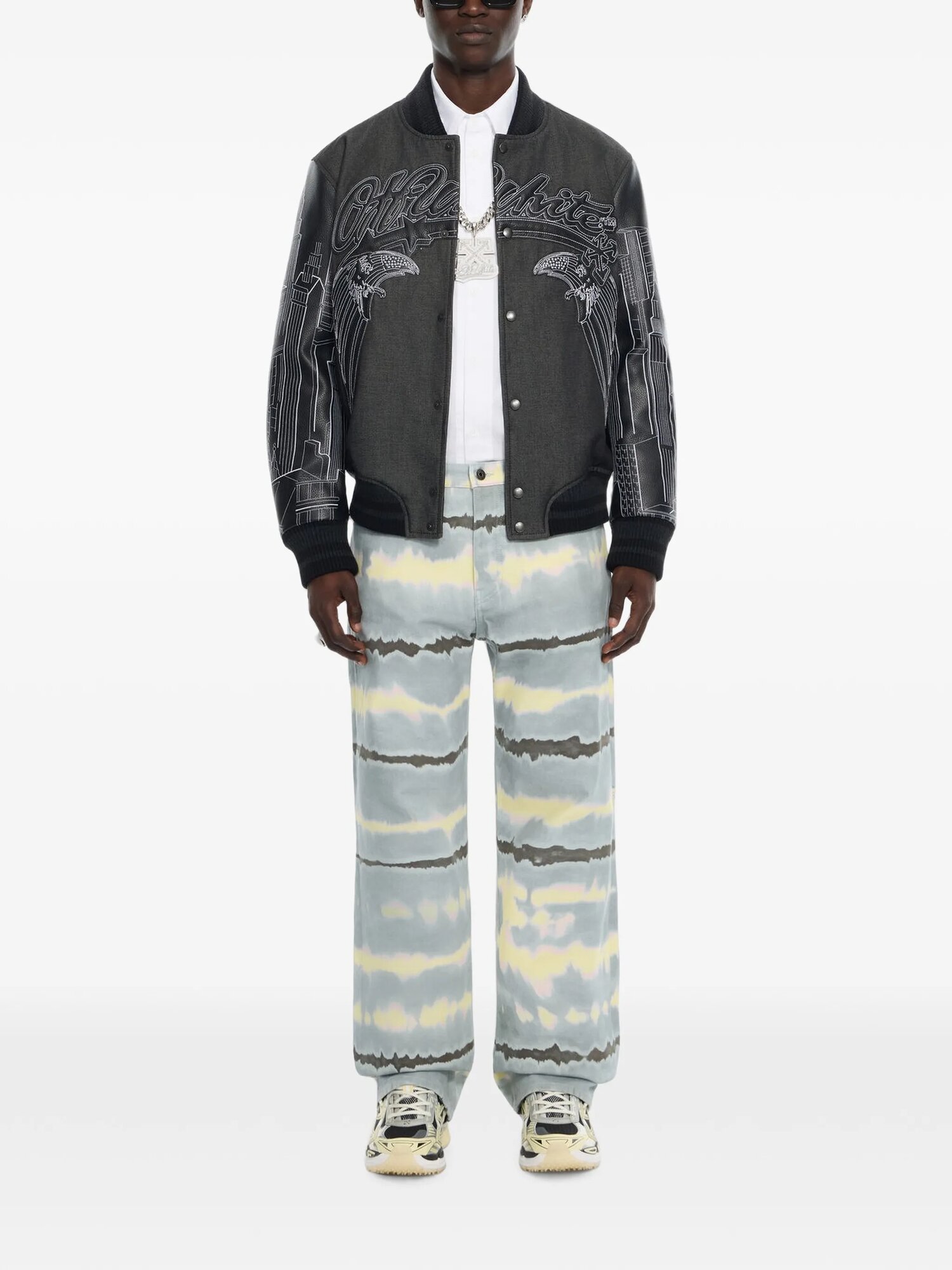 Куртка Off-White Skyline leather-sleeve varsity jacket, размер 50, black/black — фото 1