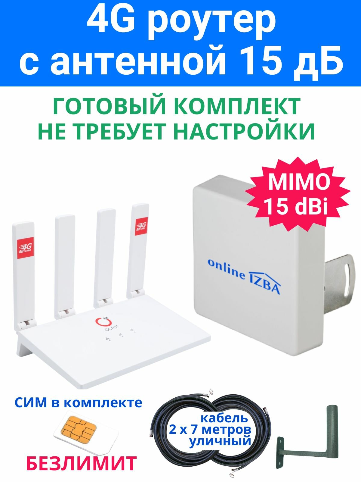 Роутер 4G c СИМ картой OLAX и внешней антенной MIMO 15 дБ + выгодный тариф