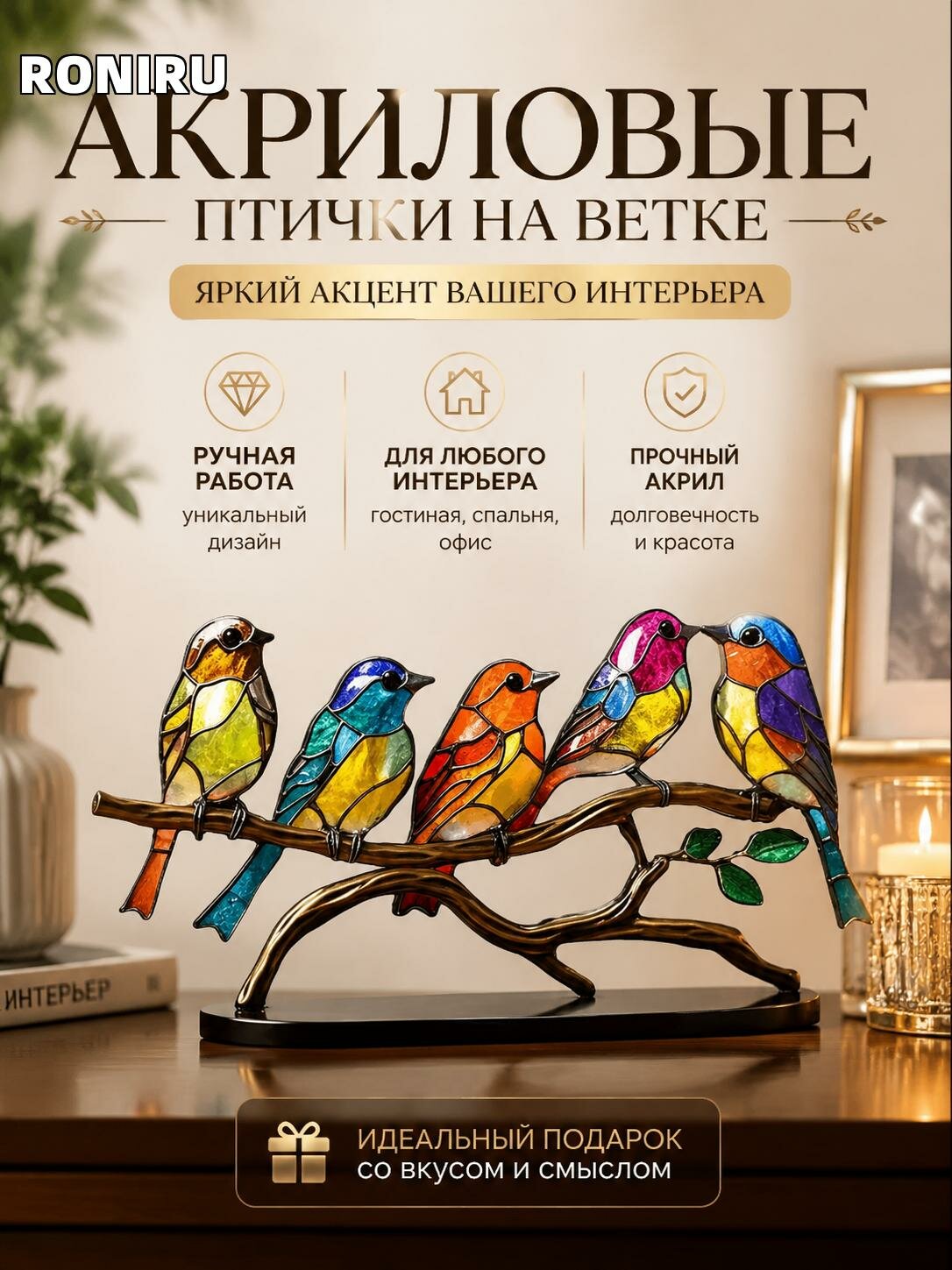 Акриловые птички на ветке — яркие статуэтки ручной работы для стола, современный декор гостиной, спальни и офиса