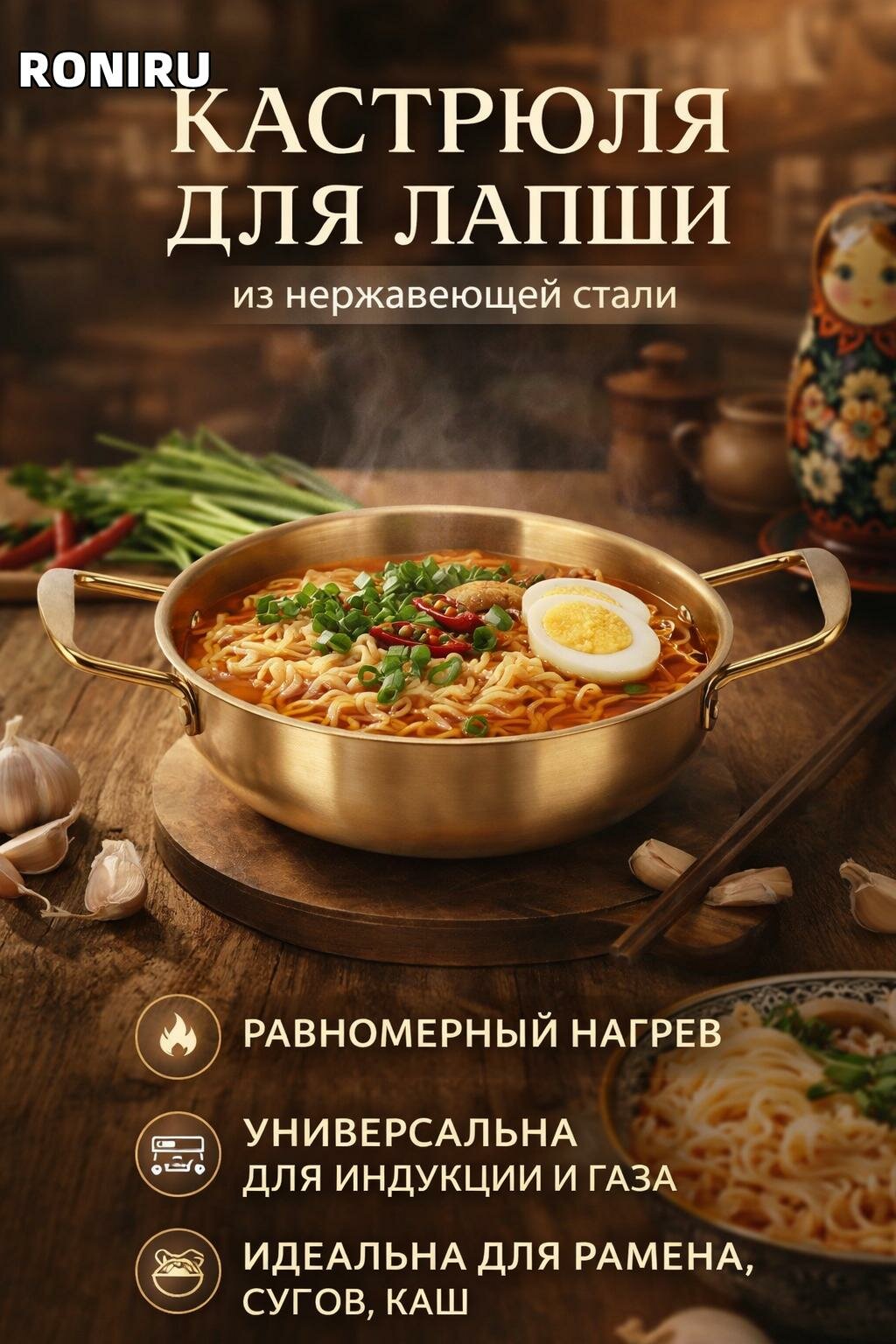 Кастрюля для лапши из нержавеющей стали с равномерным нагревом для рамена, супов и каш, универсальна для индукции и газа