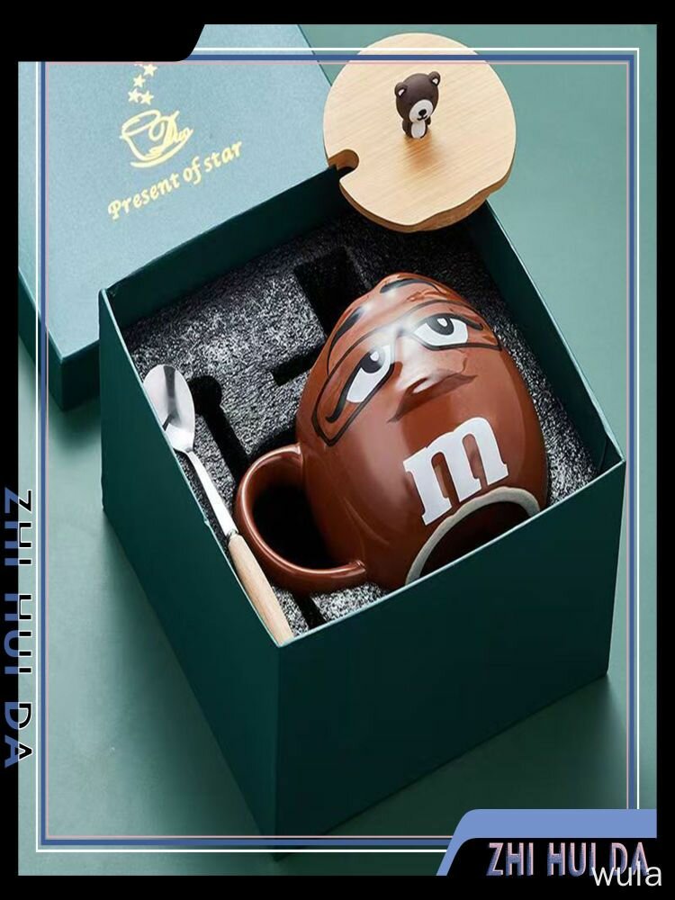 Кружка M&M's с лицом персонажа, коричневая, в подарочной коробке с подставкой и ложкой, для дома и подарка