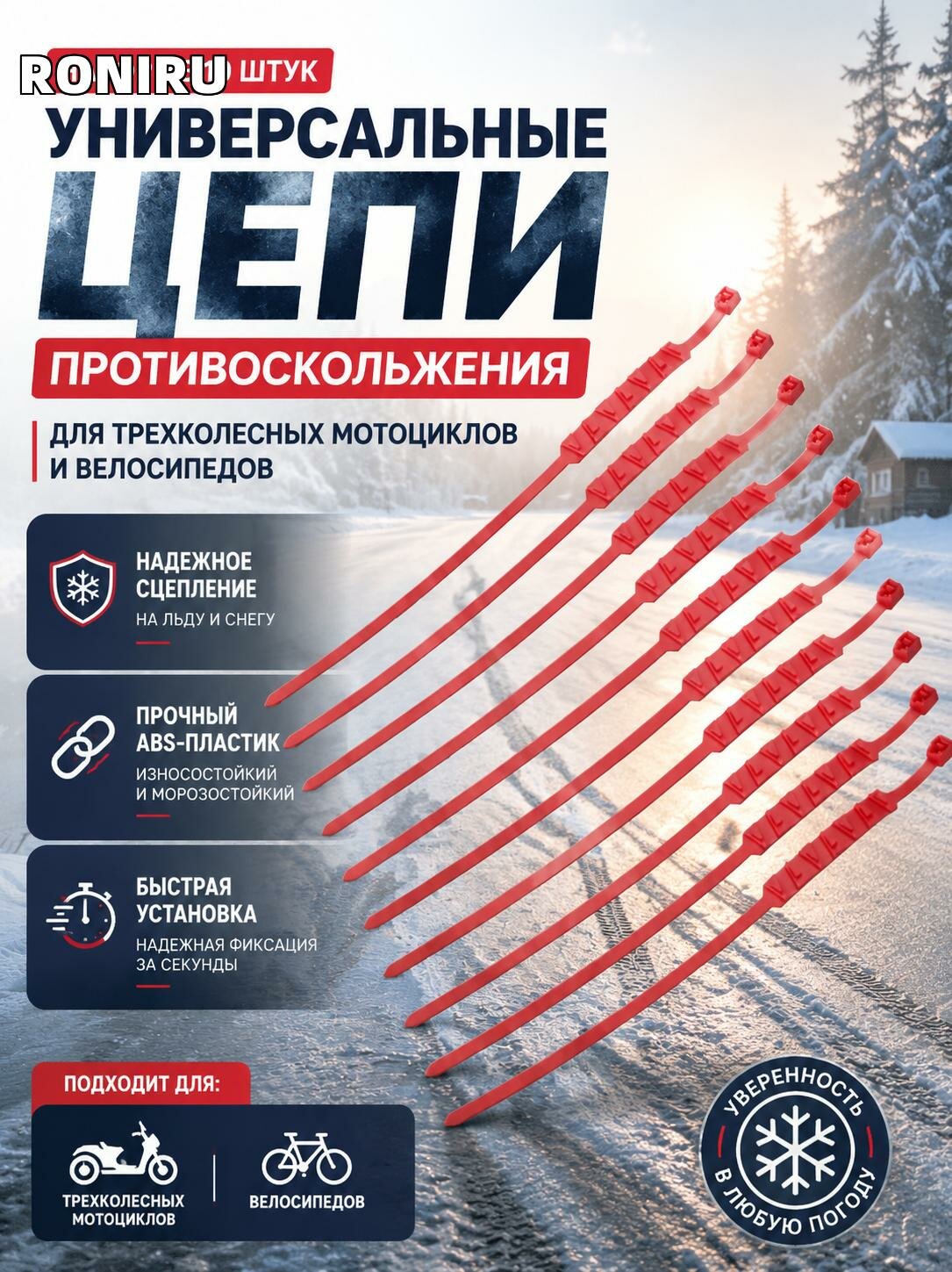 Набор из 10 универсальных цепей противоскольжения для трехколесных мотоциклов и велосипедов, из ABS-пластика, красный, для уверенного сцепления на льду