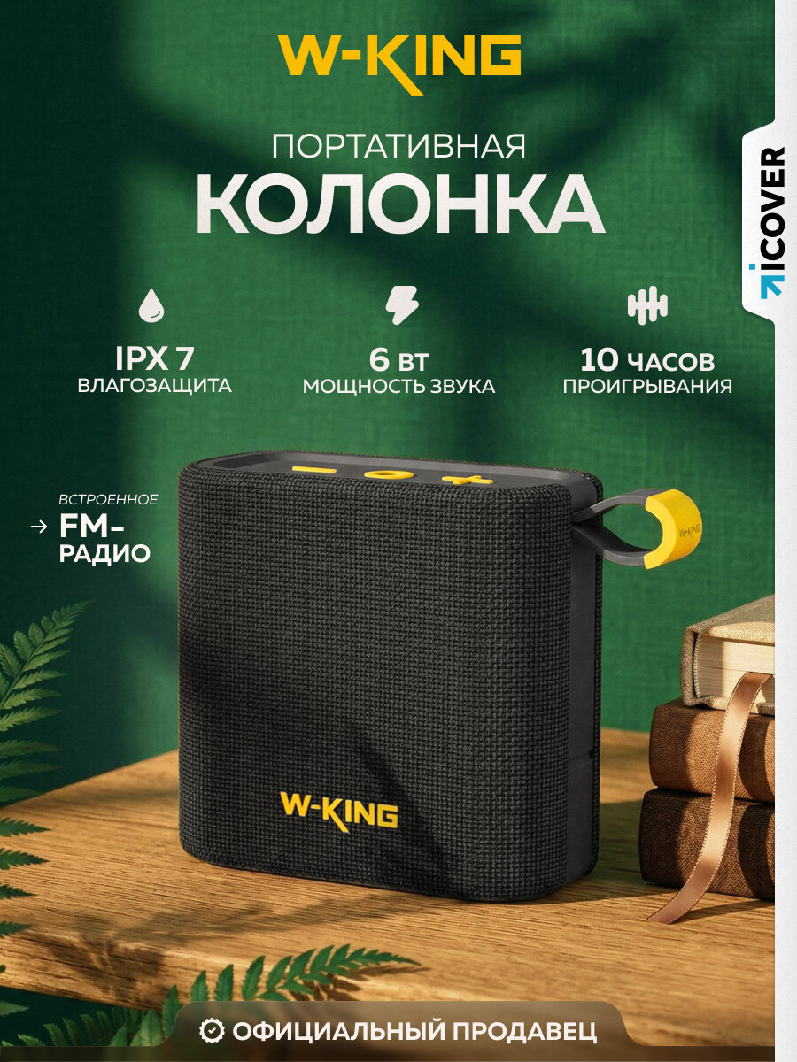 Портативная колонка W-KING "D2", IPX7, FM радио, до 10 ч автономной работы, черная