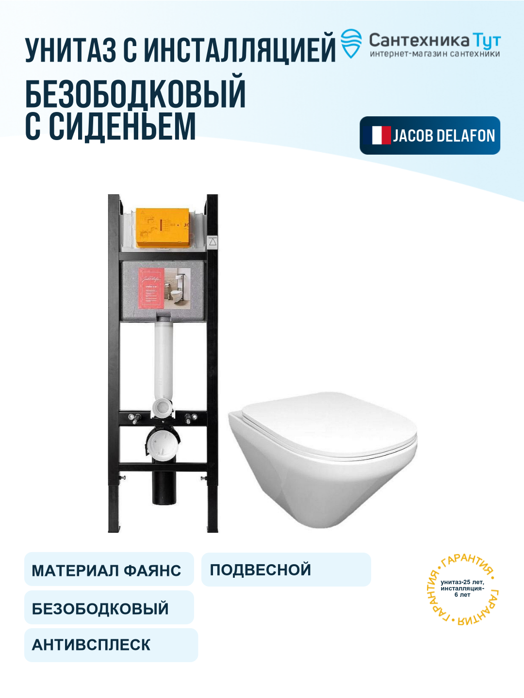Инсталляция с унитазом комплект Jacob Delafon Modern Life E21774RU-00 белый, с сиденьем микролифт без кнопки смыва