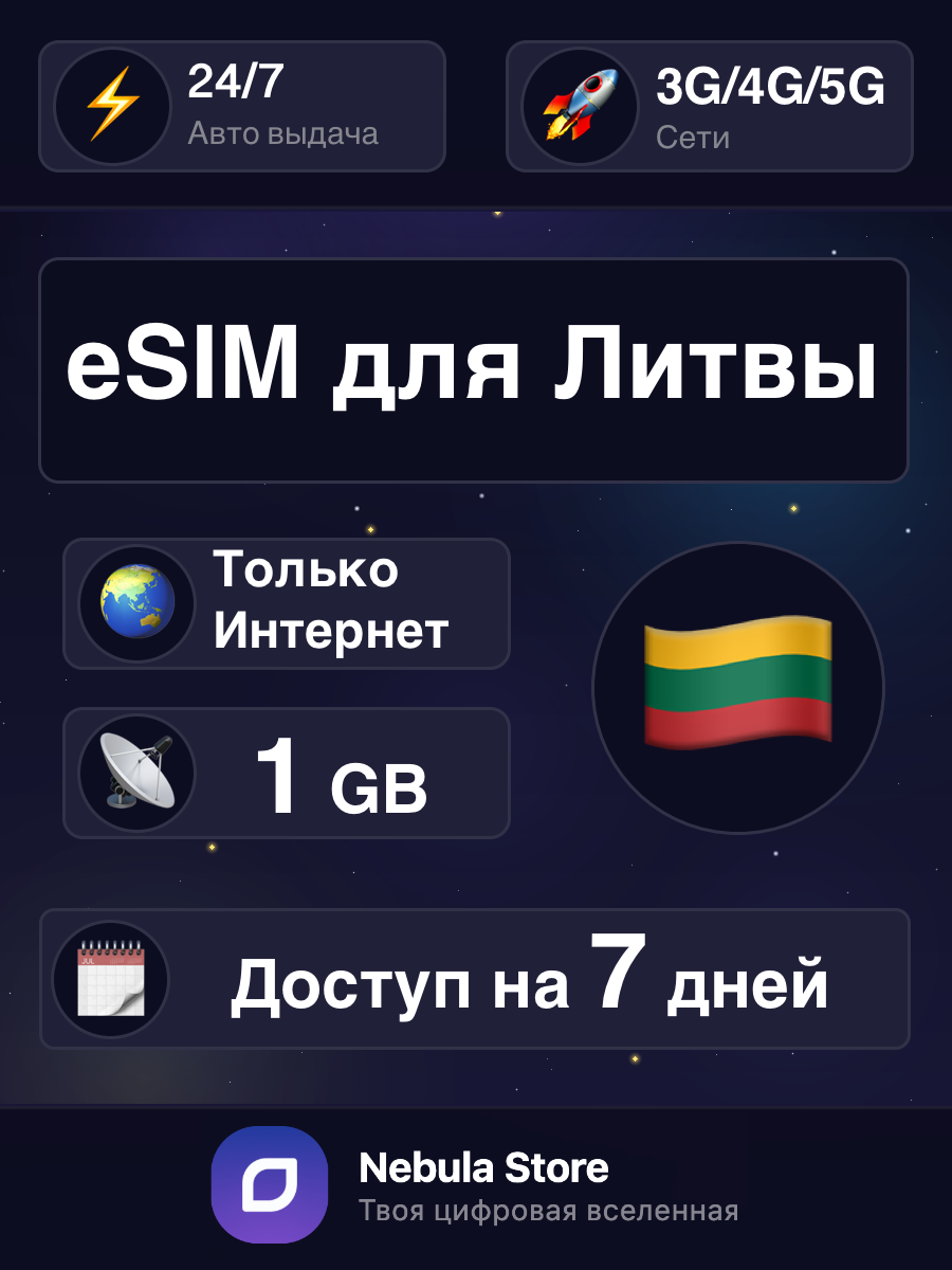 ESIM Литва | Интернет | 1 ГБ на 7 дней | 4G, 5G | Для телефона и планшета - автовыдача 24/7