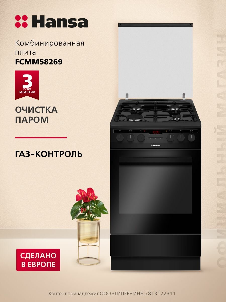 Газовая плита с духовкой электрической Hansa FCMM58269, 4 конфорки, духовка объемом 62 л, автоподжиг, газ-контроль, черный