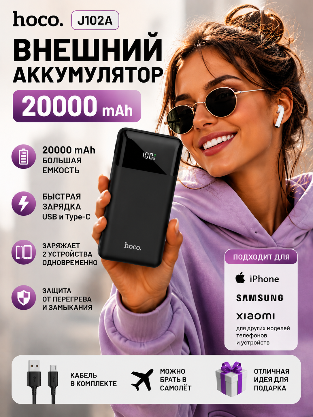 Повербанк Hoco J102A, 20000 mAh с быстрой зарядкой, powerbank, внешний портативный аккумулятор