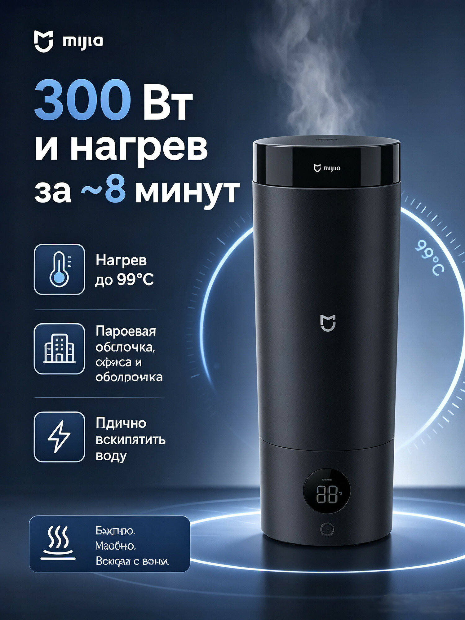 Портативная электрическая кружка Mijia 2, объем 350 мл, термос с дисплеем температуры, нержавеющая сталь 316L