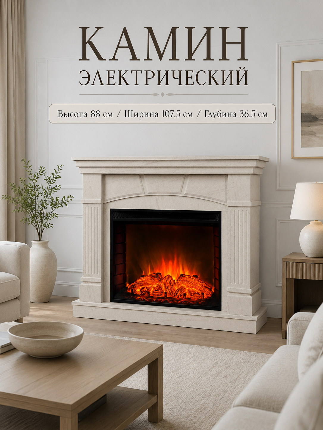 Электрокамин RealFlame History 25,5 WT c Evrika 25,5, панорамное стекло, обогрев, звуковой эффект, пульт ду
