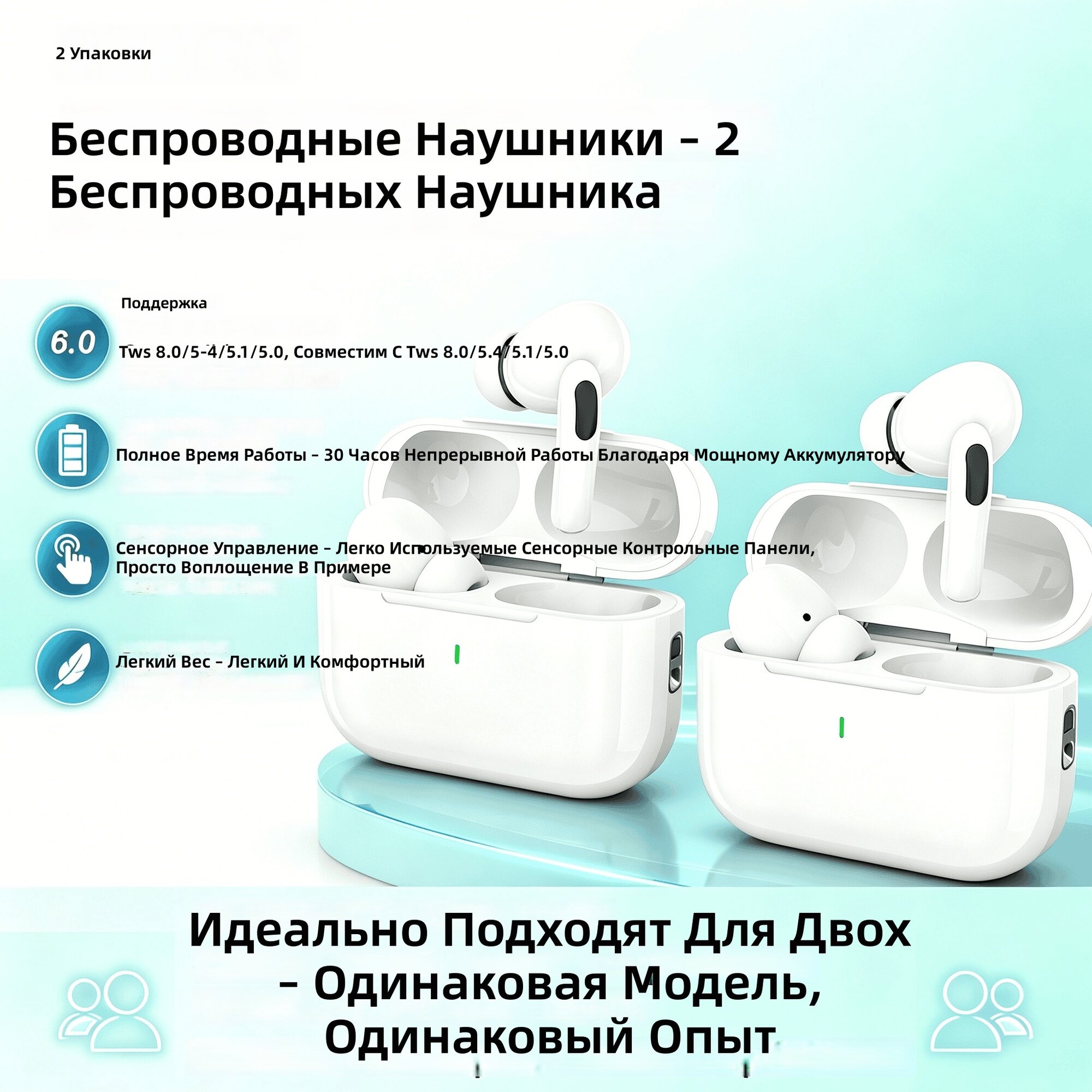Беспроводные наушники 2 шт, с зарядным футляром, микрофоном, поддержка TWS 6.0/5.4/5.1/5.0, басовое стерео, для смартфонов, ноутбуков, спорта, белые