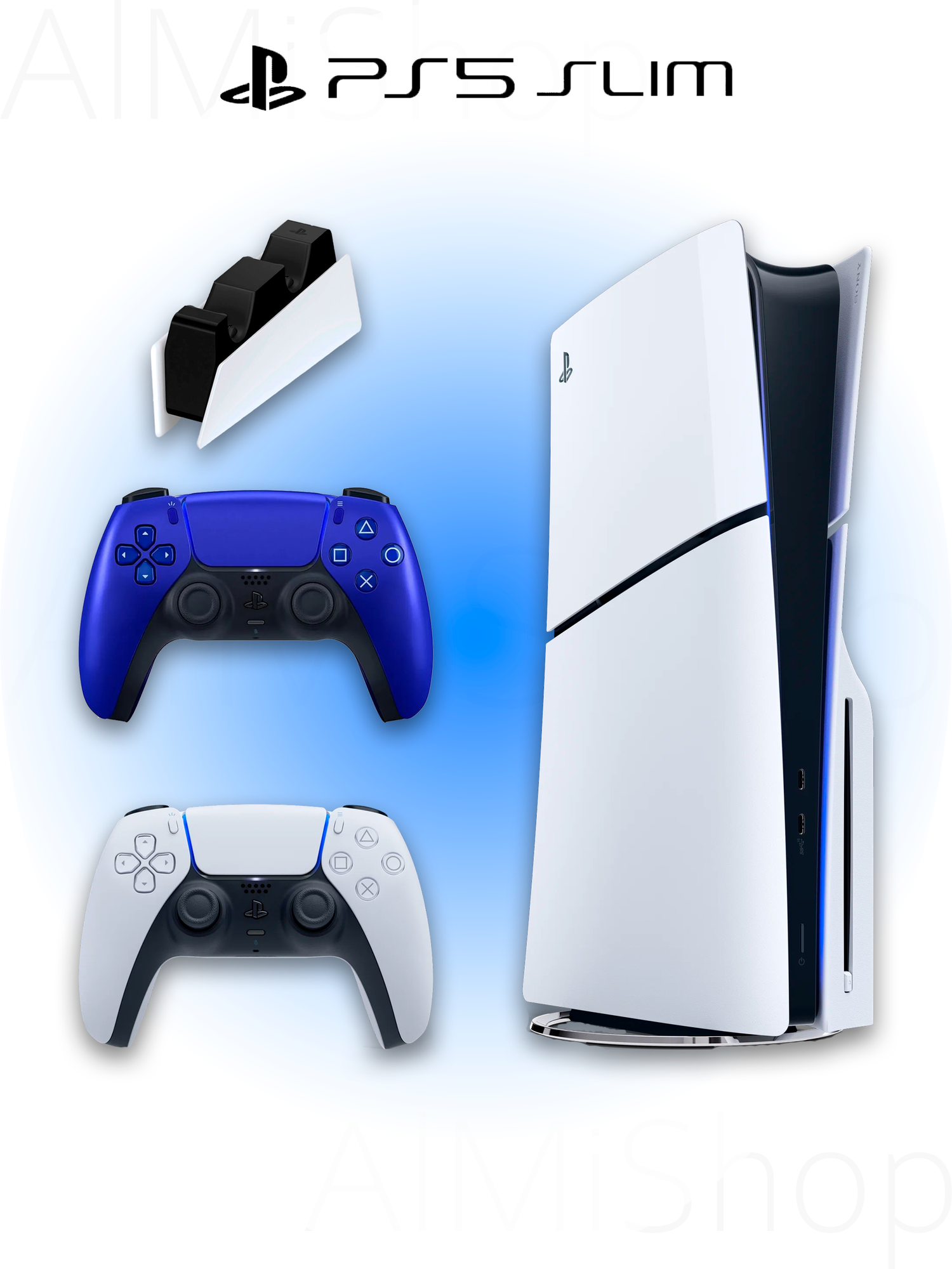 Игровая приставка Sony PlayStation 5 slim (версия с дисководом) + 2-й геймпад (синий, Cobalt Blue) + зарядная станция
