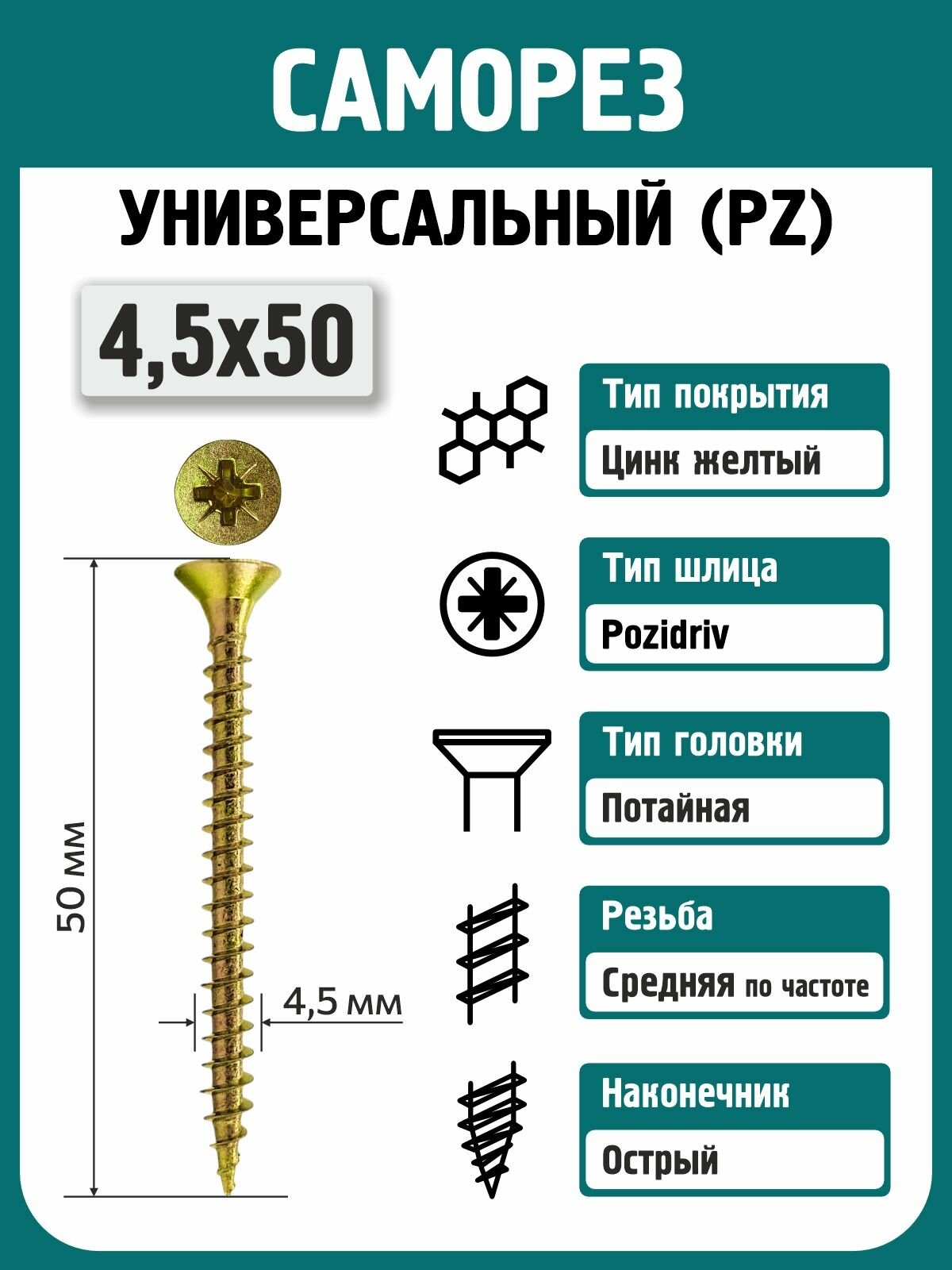Саморезы 4,5х50 универсальные по дереву (250 шт) острые желтый цинк для древесины 4,5х50 мм
