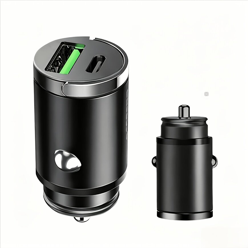 Автомобильное зарядное устройство USB-C, 45W PD, металлический корпус, flush fit, быстрая зарядка, с кольцом для извлечения, черный