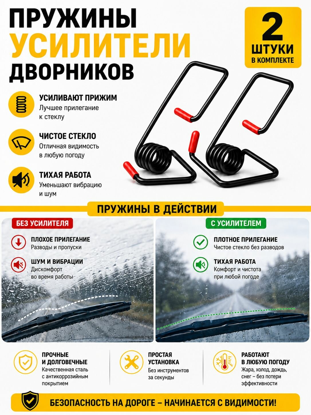 Пружина для дворников, усилитель стеклоочистителя авто 2 шт.