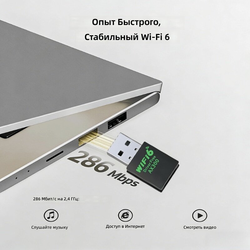 AX300 Wi-Fi 6 Nano USB адаптер, мини-донгл, Plug and Play, USB 2.0, режим Soft AP, Windows 7/10/11, только 2.4 ГГц