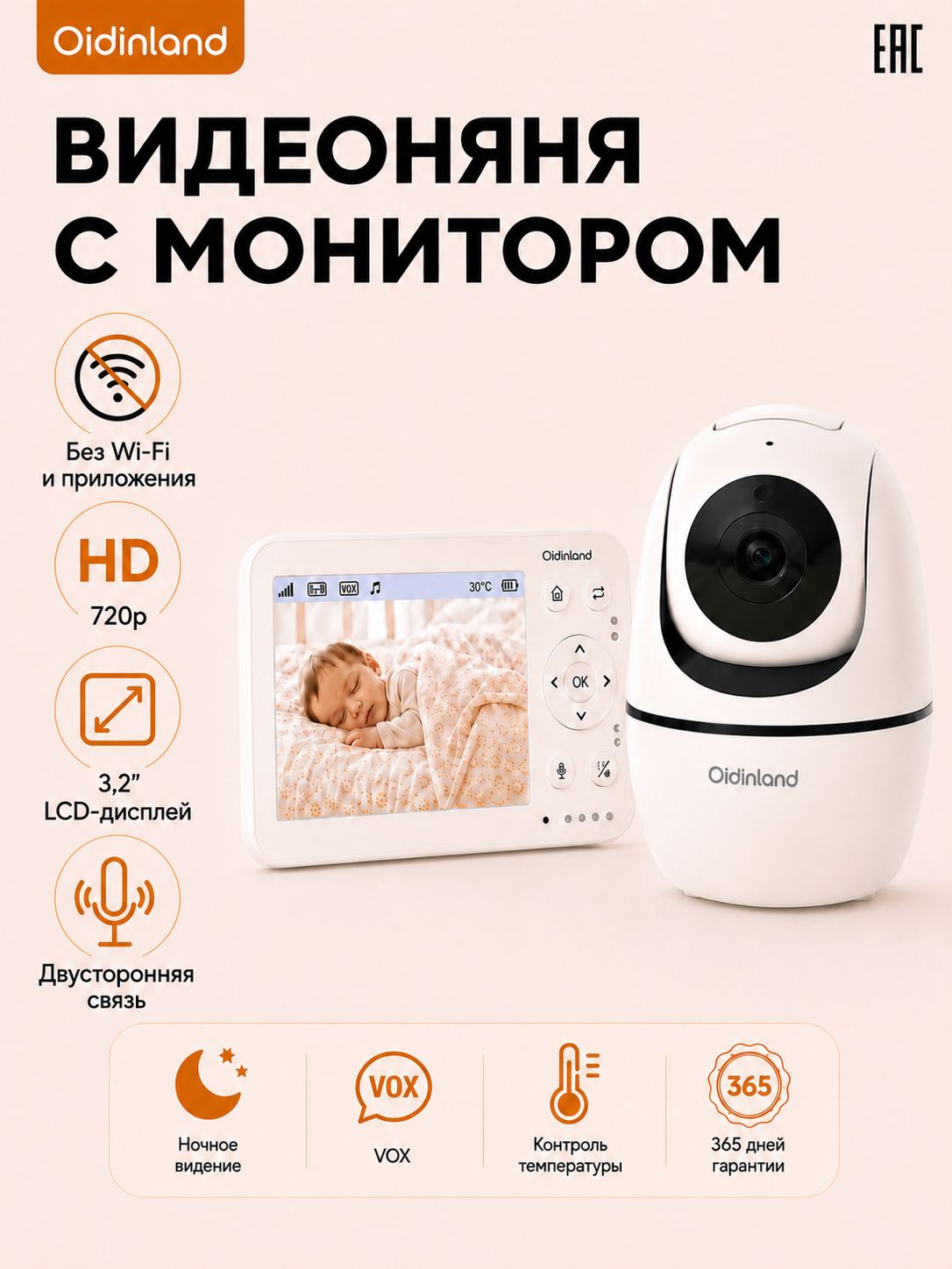 Беспроводная видеоняня Oidinland BM01, с монитором и датчиком движения, серая