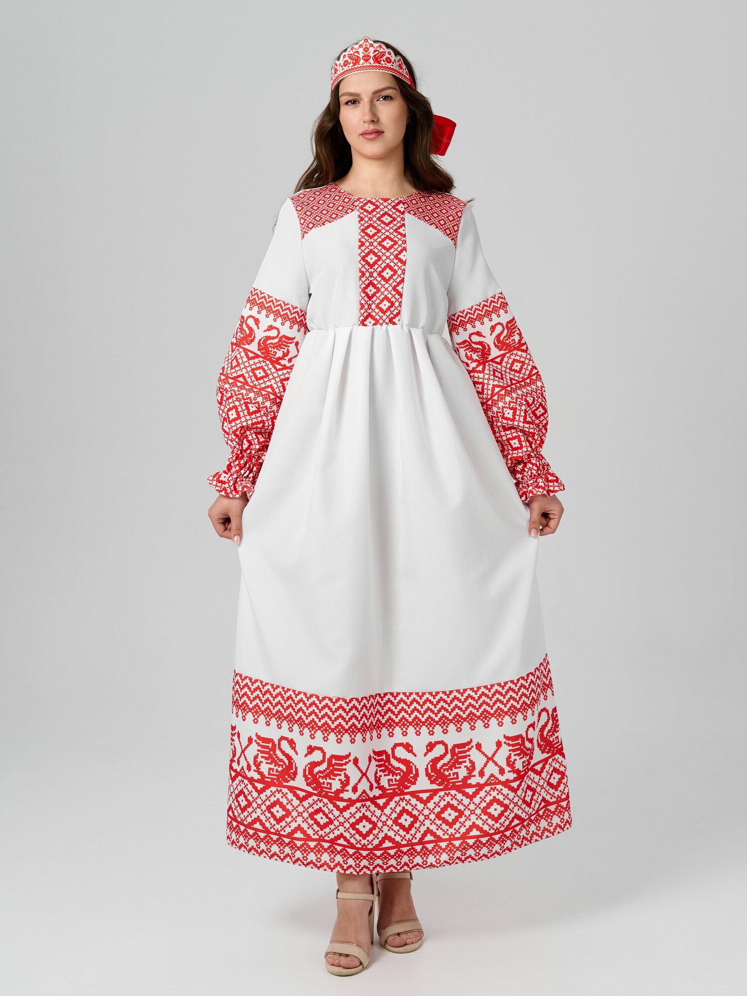 Платье женское русское народное, белый, S-M