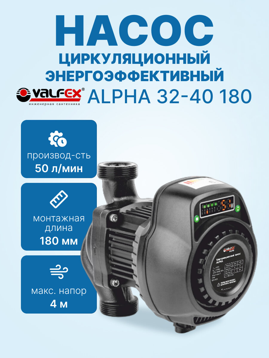 Циркуляционный энергоэффективный насос VALFEX ALPHA 32-40 180мм с гайками и теплоизоляцией (VF. AL.32.40.180. Т)