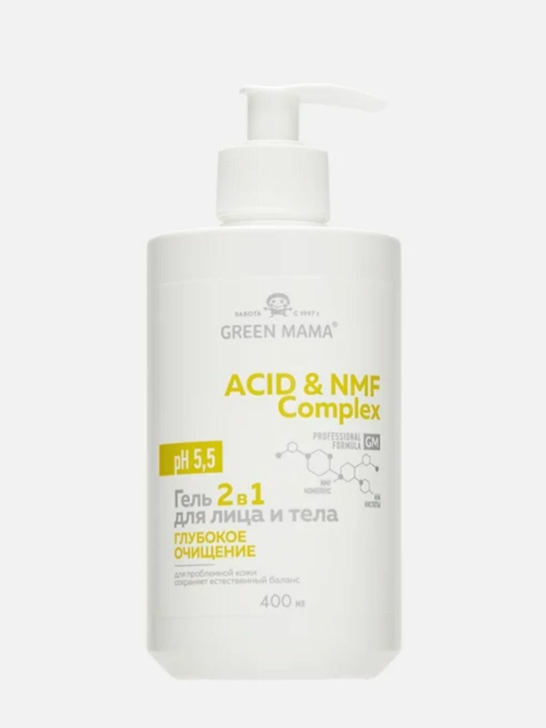 Гель 2 в 1 для проблемной кожи лица и тела GREEN MAMA ph 5.5 acid and nmf complex