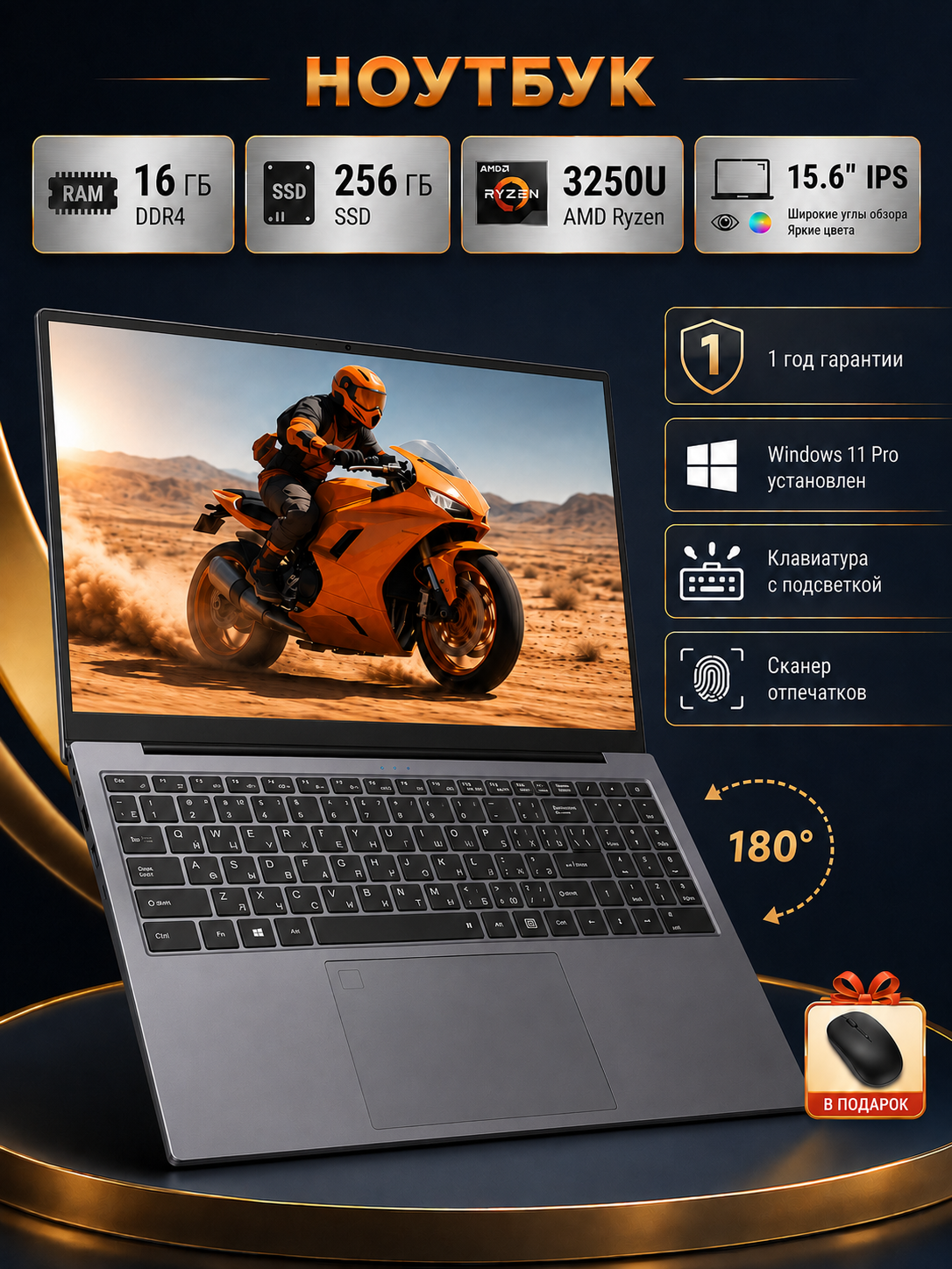 Ноутбук для работы AMD Ryzen 3 3250U 15.6 IPS Full HD 16 ГБ SSD 256 ГБ Windows 11 Русская клавиатура