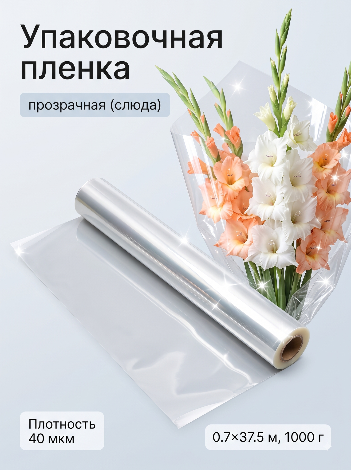 Пленка упаковочная прозрачная (слюда) для цветов и подарков, рулон 70 см х 37.5 м, плотность 40 мкм, 1000 г