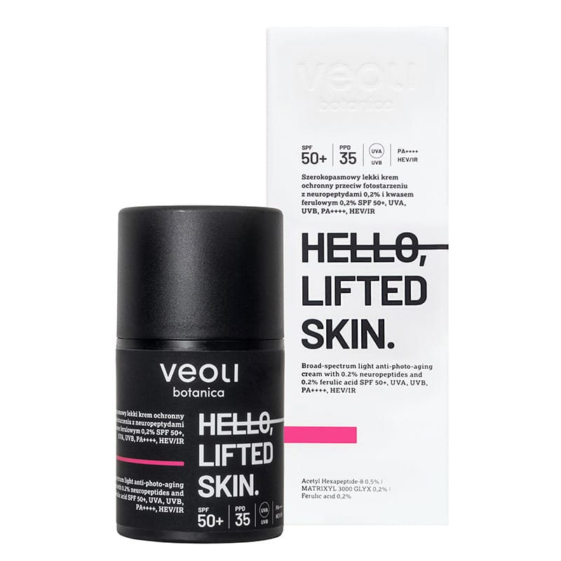 Средство солнцезащитное Veoli Botanica Hello, Lifted Skin SPF 50+, PA++++ Szerokopasmowy lekki krem ochronny UVA, UVB, HEV/IR 50 мл