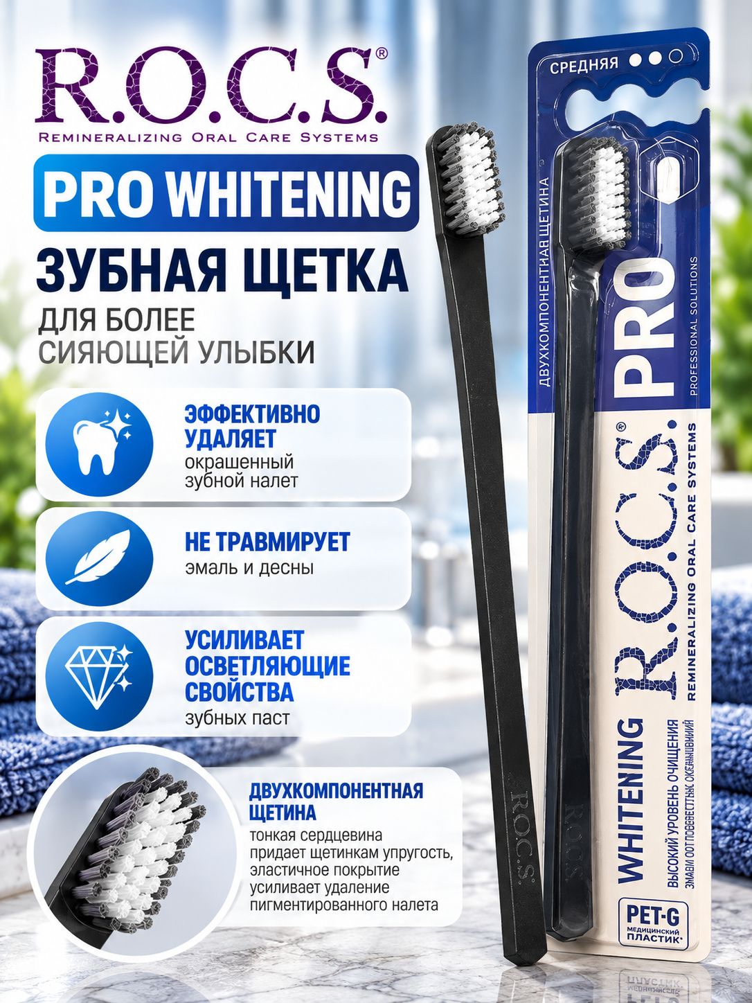 Зубная щетка R.O.C.S. PRO WHITENING отбеливающая, средней жесткости, с двухкомпонентной щетиной, черная