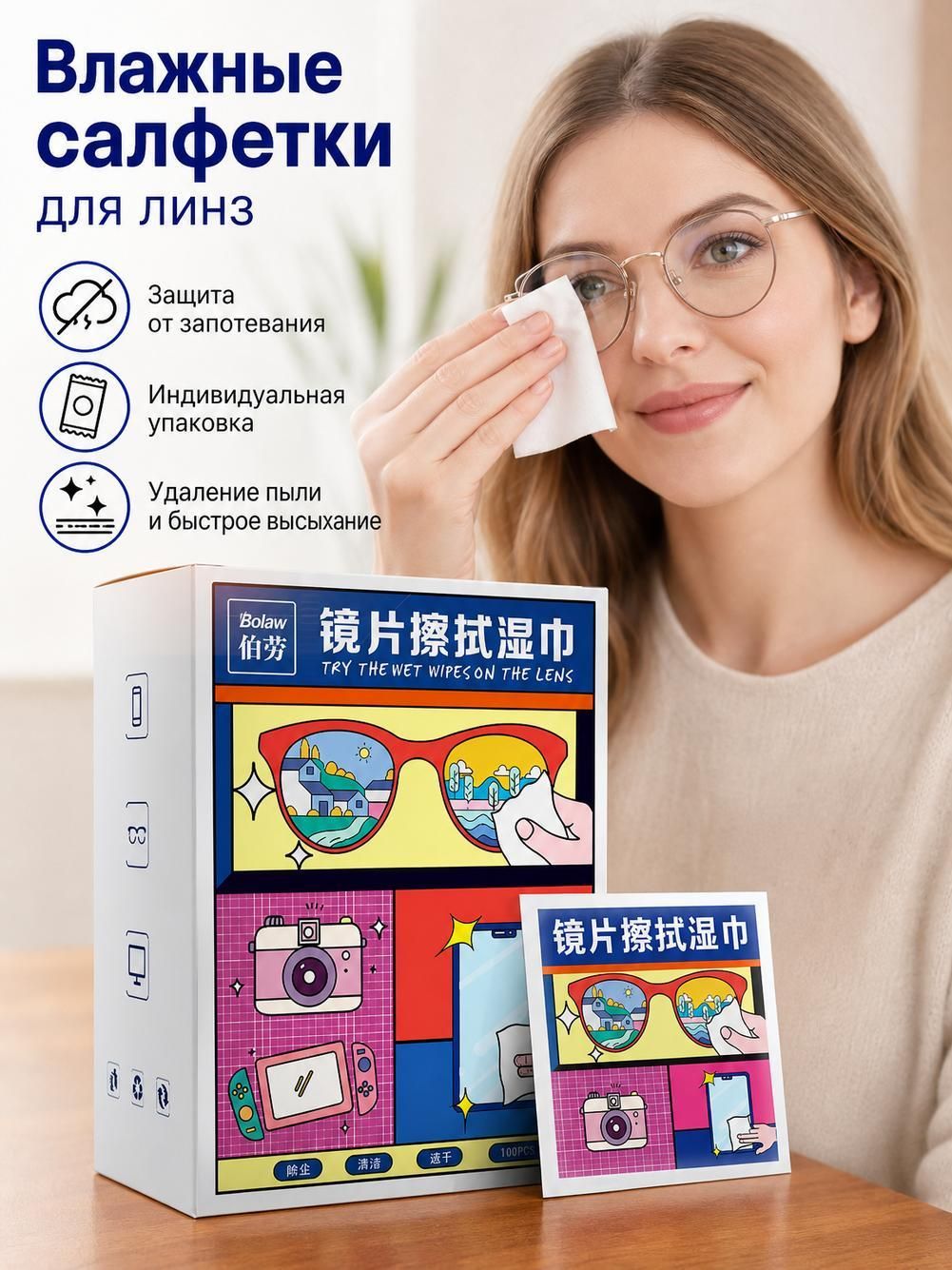 Одноразовые салфетки для очистки линз