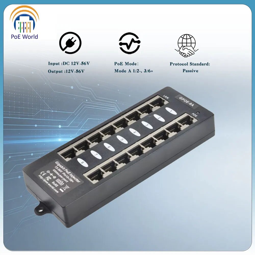 PoE World 8-портовый Gigabit PoE-инжектор 802.3af для камеры MikroTik