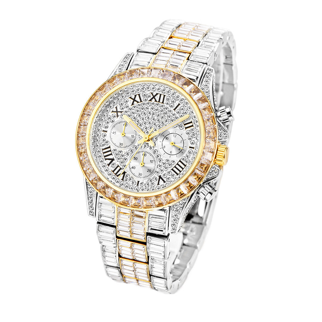 MISSFOX Модные хип-хоп часы High-End Rainbow Daytona с бриллиантами в квадратной оправе, тремя окошками и римскими цифрами, мужские наручные часы