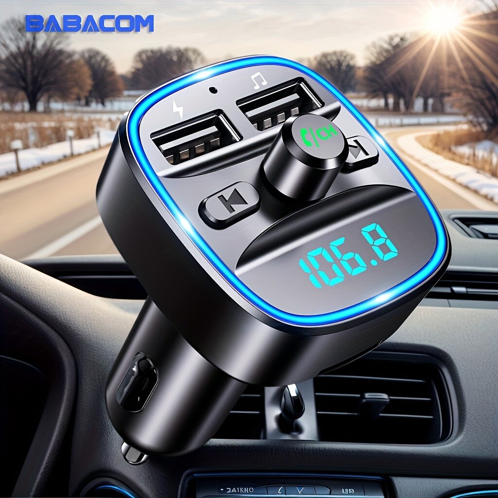 Автомобильный FM-передатчик с Bluetooth 5.3, поддержка карт памяти SD и USB-флешек, два порта USB (5В 2.4А и 1А), функция громкой связи, синяя подсветка, цвет: чёрный