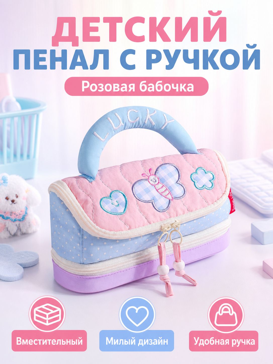 Пенал-домик розовый с бабочками, двойное отделение, 23 см, для начальной школы