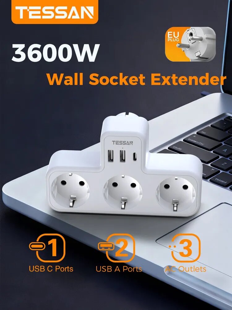 Многофункциональная настенная розетка TESSAN с 3 розетками, 1 USB-C-порта, USB-адаптер 6 в 1 с защитой от перегрузки для смартфона, планшета