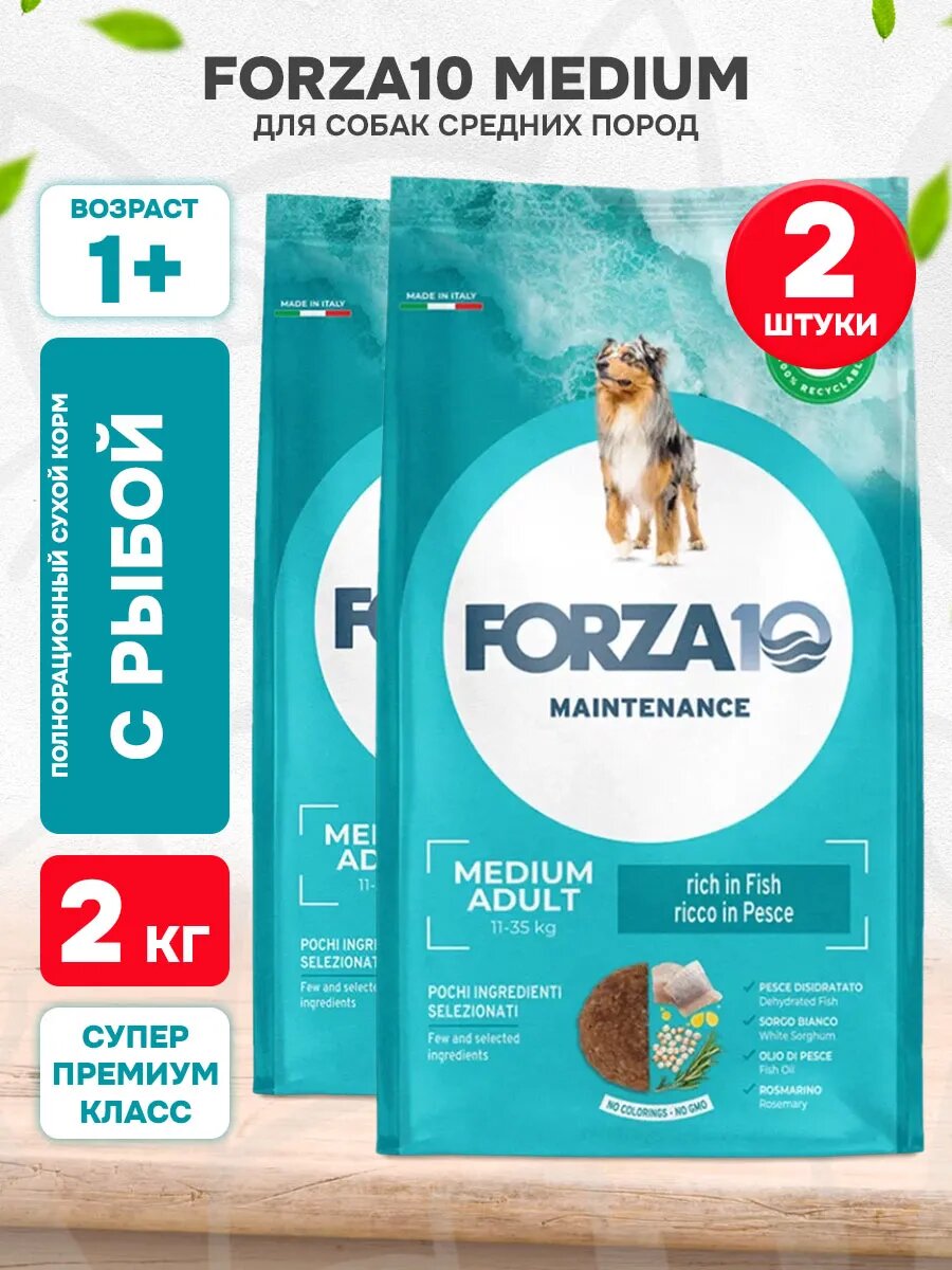 Корм сухой Forza10 Dog Maintenance Adult Medium для взрослых собак средних пород с рыбой, 2 кг х 2 шт