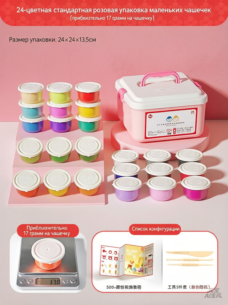 Детская глиняная игрушка ручной работы из цветной глины-24 цветов, 10-граммовая чашка из глины-розовая большая коробка