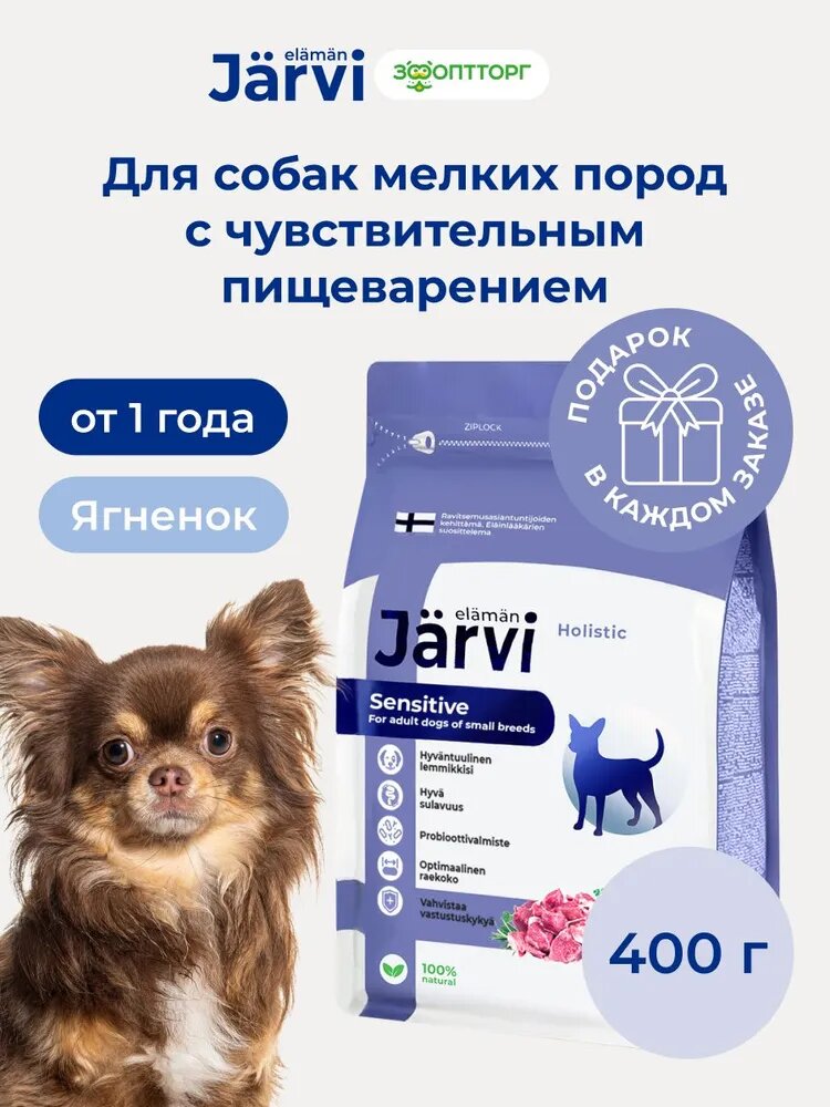Сухой корм Jarvi полнорационный для взрослых собак мелких пород с чувствительным пищеварением с ягненком, 400 г