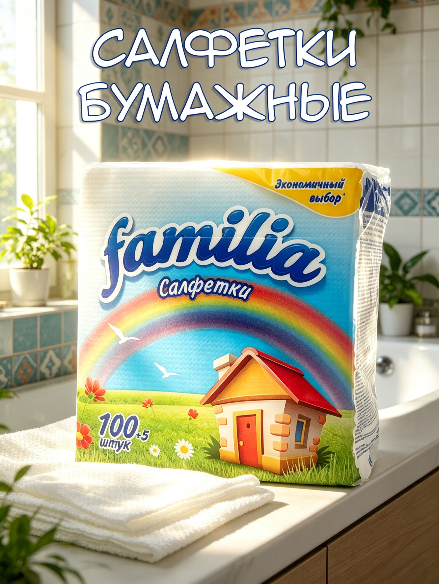 Салфетки Familia, бумажные, 100шт, 24 см х 23 см, 100 % целлюлоза
