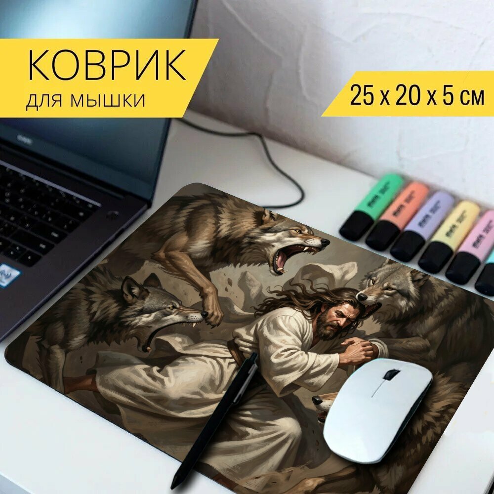 Коврик для мыши с принтом "Бородач среди ревущих волков. Мужчина с длинными волосами в светлой робе, вокруг четыре хищника с оскаленными пастями, мрачная фантазийная." 25x20см.
